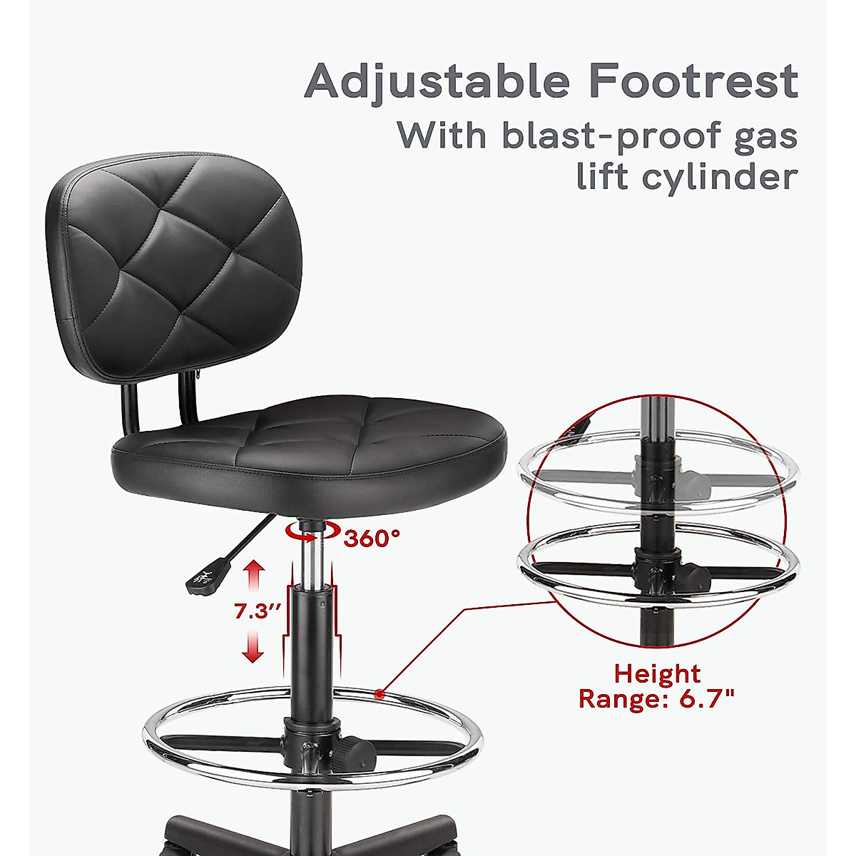 KLASIKA PU Faux Leather Drafting Rolling Stool Chair with Seat Height Adjustable 30 inch Fixed Back Support Adjustable Foot Ring for Office Home Plaid Checked Pattern (1 Pack-New)