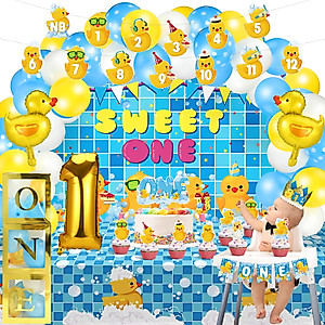 Poen 119 Pcs Sweet One Duck 1st Birthday Party Decorations Set Includes Balloons Backdrop Garland Monthly Photo Highchair Banner Tablecloth Cake Topper Balloon Box Cutout Crown for Duck Party Supplies