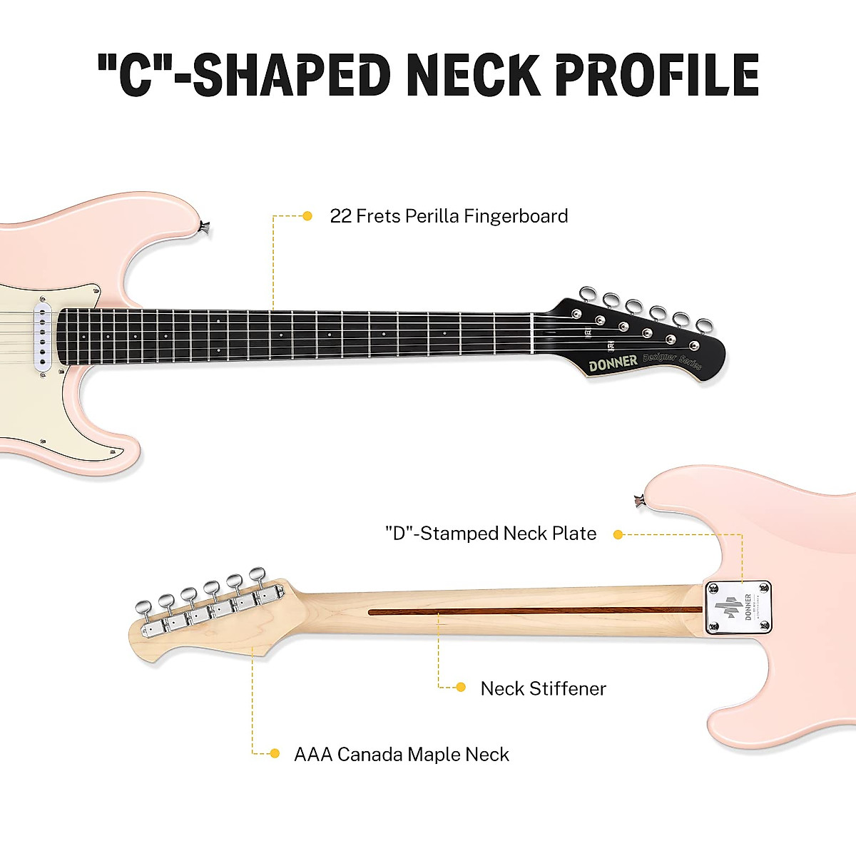 Donner 39 Inch Electric Guitar, Designer Series DST-200 Stylish Solid Body Electric Guitar for Beginner Intermediate & Pro Players, Single Coil Split System, Bonus Bag, Cable, Strap Blossom Pink