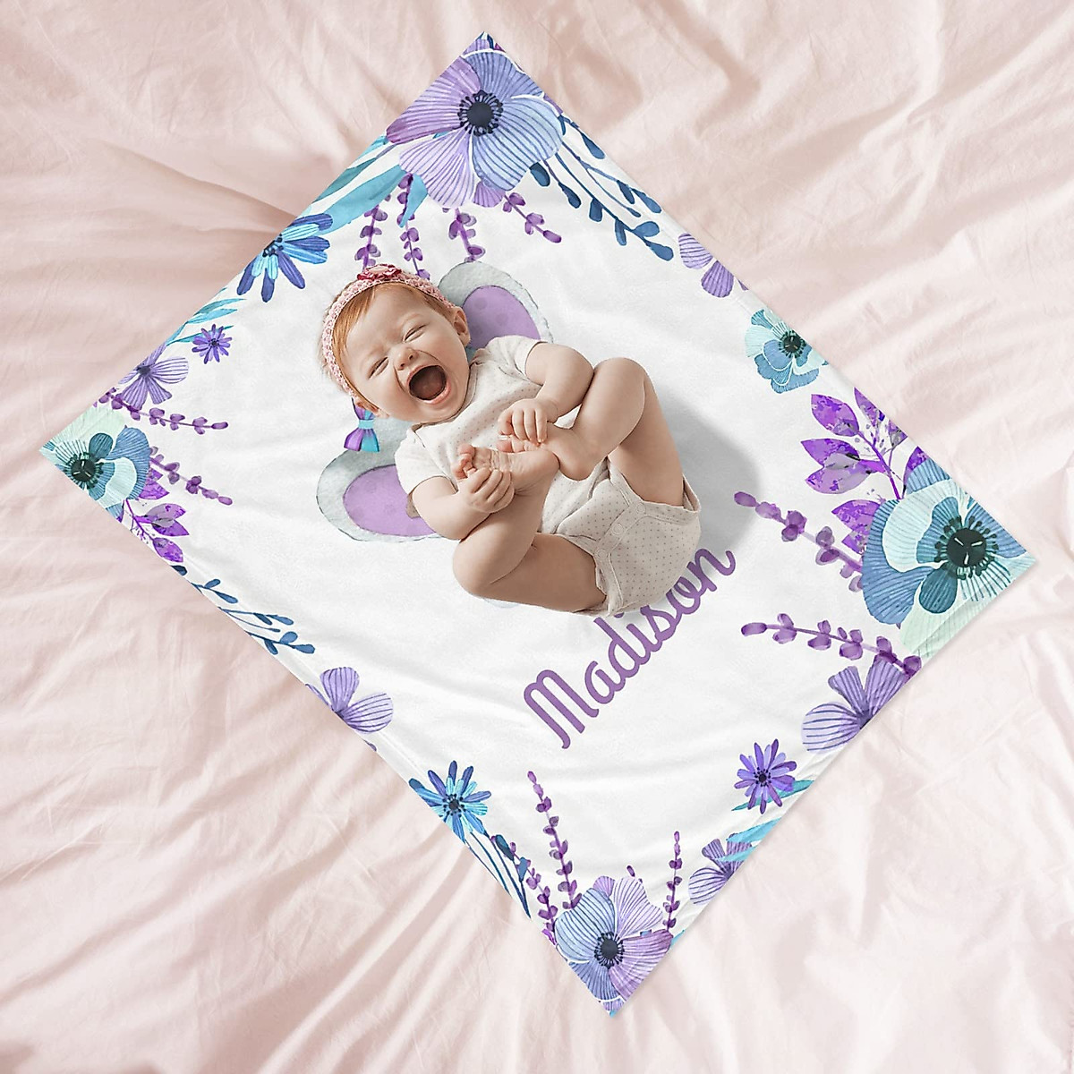 CADE Custom Baby Blanket with Name for Girls Personalized Baby Blanket Purple Floral Blankets Cute Elephant Blankets for Girls Customizable Baby Blanket Newborn Essentials Gifts - 30x40 inch