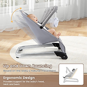 BABY JOY Baby Bouncer, Foldable Baby Bouncer Seat with 5-Point Safety Harness, Removable Fabric Cover & 3 Plush Toys, Portable Infant Bouncer for Babies 0-6 Months (Grey)