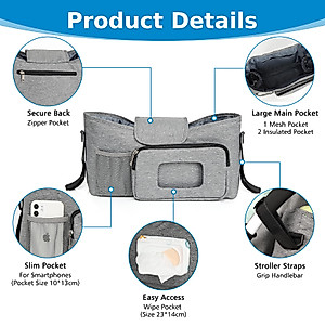 Accmor Universal Stroller Organizer with Insulated Cup Holder, Stroller Caddy Bag Accessories, Stroller Cup Holder Organizer for Uppababy Baby Jogger Britax Stroller, Grey