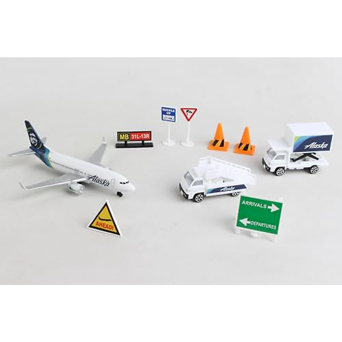 Daron Alaska Airlines Airport Playset with Die-Cast Metal Model Airplane with Plastic Parts, Cars and Transportation Toys for Kids Ages 3+