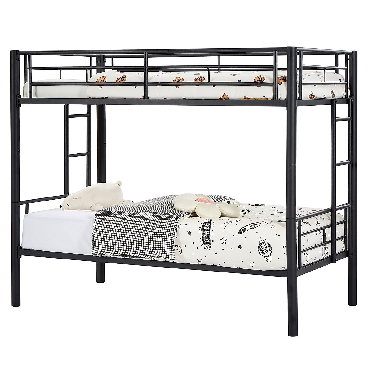 VECELO Metal Bunk Bed Twin Over Twin, Industrial Bunkbeds with Ladder and Full-Length Guardrail, Noise Free, No Boxing Spring Needed, Black