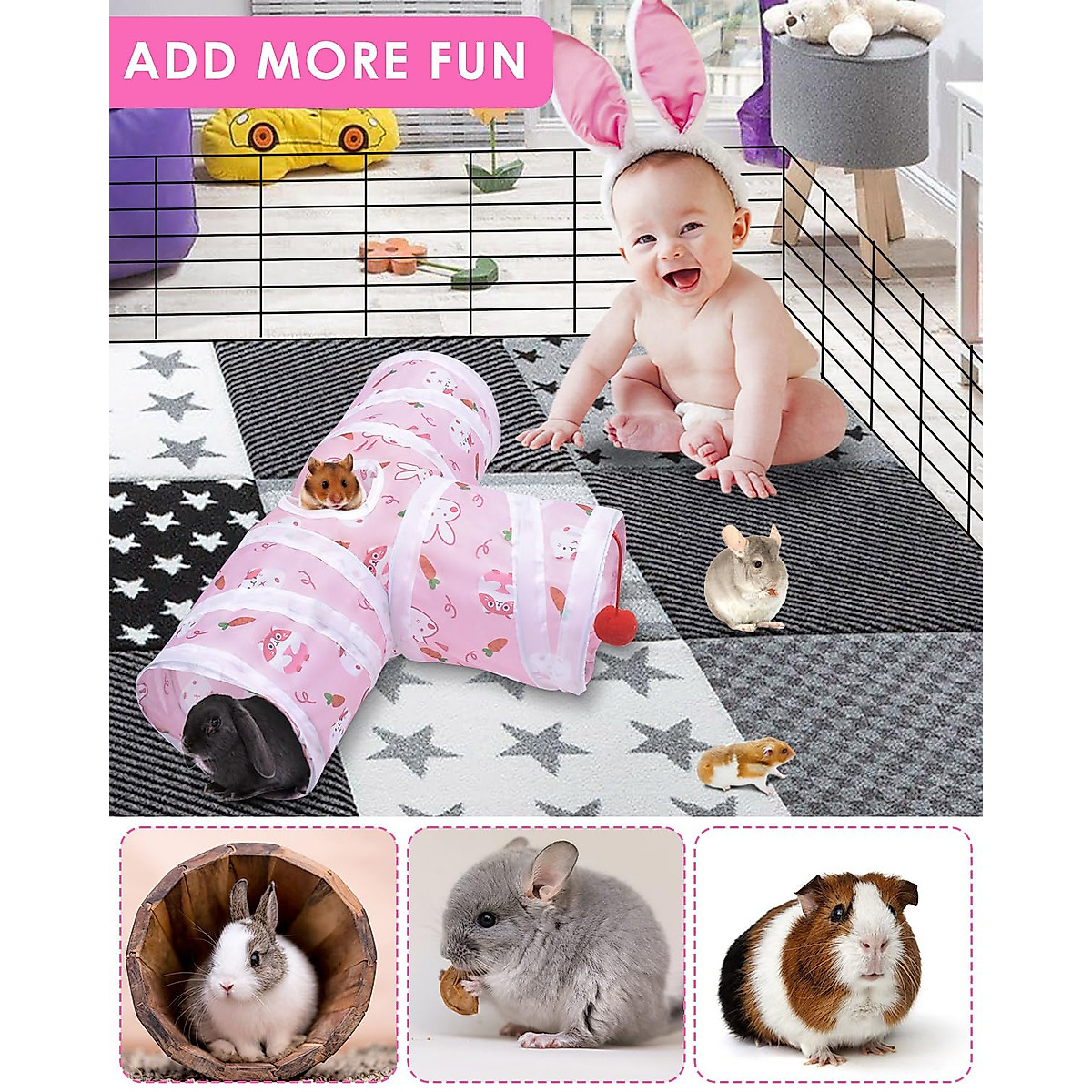 Bissap Rabbit Tunnel, 9.8'' Collapsible Bunny Tunnel and Tube 3 Ways Pet Hideout with 1 Play Ball for Indoor Kittens Dwarf Rabbits Bunnies Guinea Pigs Chinchillas Small Animal Activity Fun Toys (Pink)