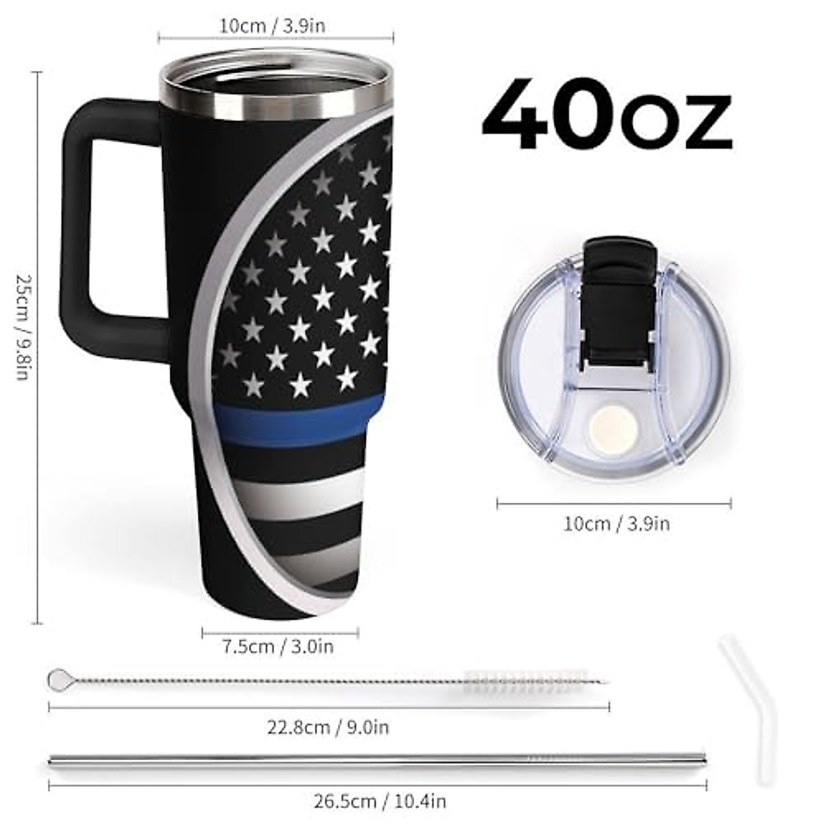 40 oz Tumbler, Large Capacity with Handle and Straw Travel Insulated Tumblers, Thin Blue Line American Flag Ring Black Stainless Steel Cup for Women, Men