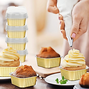 200 Pcs 5 oz Aluminum Foil Baking Cups with Lids 150 ml Foil Cupcake Containers Disposable Ramekins Mini Creme Brulee Pudding Cups Square Muffin Liners Flan Cups for Wedding Christmas Birthday Party
