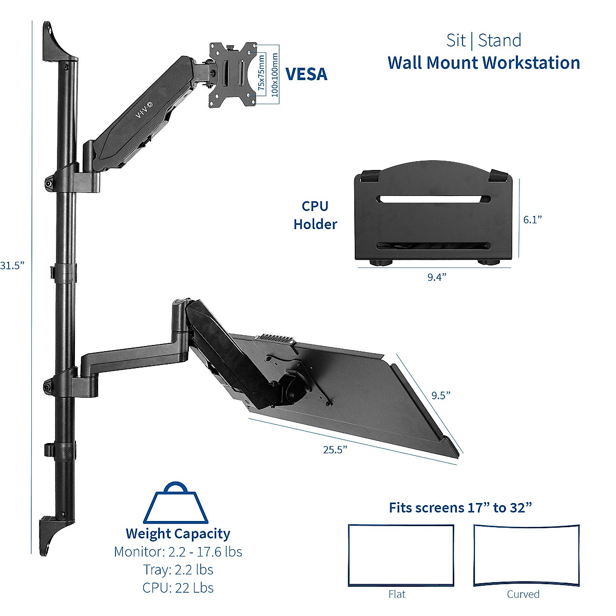 VIVO Black Sit-Stand Height Adjustable Pneumatic Spring Arm Keyboard, Monitor, CPU Wall Mount for 1 Screen up to 32 inches STAND-SIT1BW