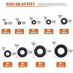 Rustark 550-Pcs [9 Sizes] Black Zinc Plated Alloy Steel Flat Washers Set Hardware Assortment Kit - M2 M2.5 M3 M4 M5 M6 M8 M10 M12