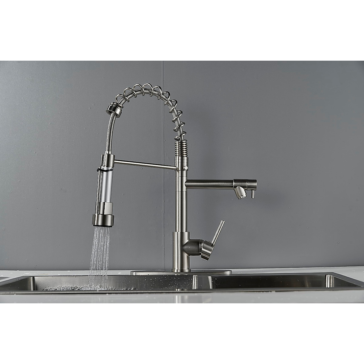 ALPHYSE Kitchen Faucet with Pull Down Sprayer, Single Handle High Arc Spring Kitchen Sink Faucet, Grifo para Fregaderos De Cocina with Deck Plate, Brushed Nickel