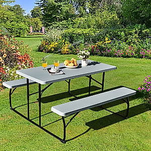 S AFSTAR Folding Picnic Table Bench Set, Foldable Picnic Table with 2 Benches, Outdoor Table and Bench W/Steel Frame & Wood-Like Texture Tabletop, Camping Table Chair Set for Garden Patio Lawn (Black)