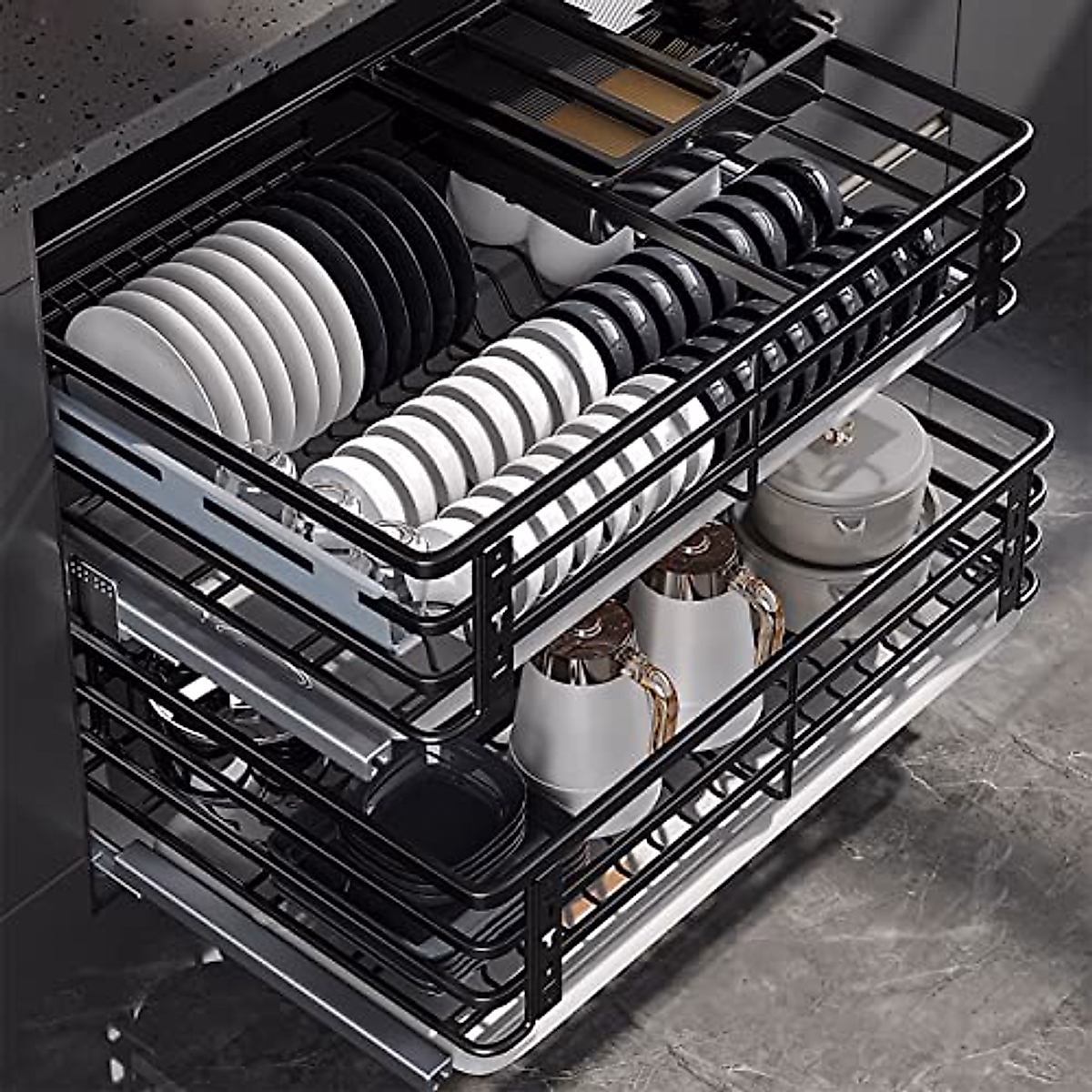 2 Tier Pull Out Cabinet Organizers Storage Stainless Steel Heavy Duty Double Tier Wire Basket Slide Out Shelf Storage for Under Cabinet, Pantry, Metal Sliding Drawer Shelve for Cans, Jars, Bowl (Black