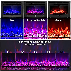 Salches 28.5" Electric Fireplace, 750W/1500W Insert Recessed Mounted Wall Fireplace w/3 Color Flames, 8 H Timer & 5 Brightness Settings, Fireplace Heater with Remote Control for Indoor Use