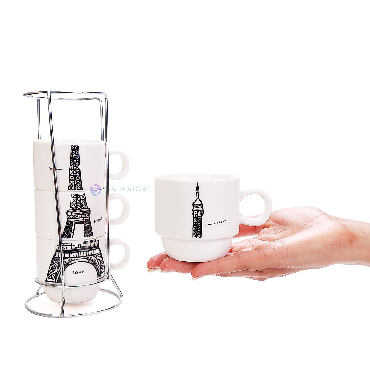 White Porcelain Coffee Tea Cups Set 4 Cups w/Metal Rack in Box 4.0 fl.oz. each Stackable Desing Eiffel Tower