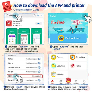 Mini Printer Portable Bluetooth-compatible Photo Printer with 10 Rolls Paper, Inkless Pocket Printer for iPhone Thermal Sticker Maker Machine Label Printer for Receipt Picture Notes Study Home Office