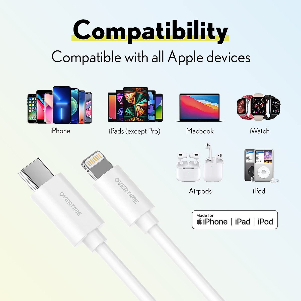 Overtime iPhone Lightning Cable, MFI Certified, Portable & Smart USB-C to Lightning Charging Cable, Fast Apple Charging Cord, 6ft iPhone Charger Cord Compatible with iPhone | iPad | iPod - White