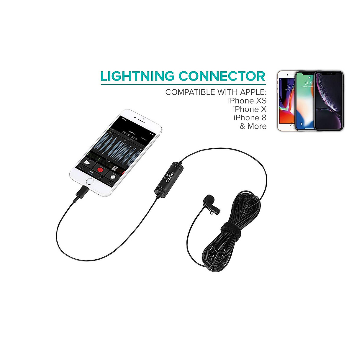 Movo LV1-DI High Fidelity Digital Lavalier Omnidirectional Clip on Microphone for iPhone with MFi Certified Lightning Connector Compatible with iPhone, iPad, iPod, iOS Smartphones and Tablets