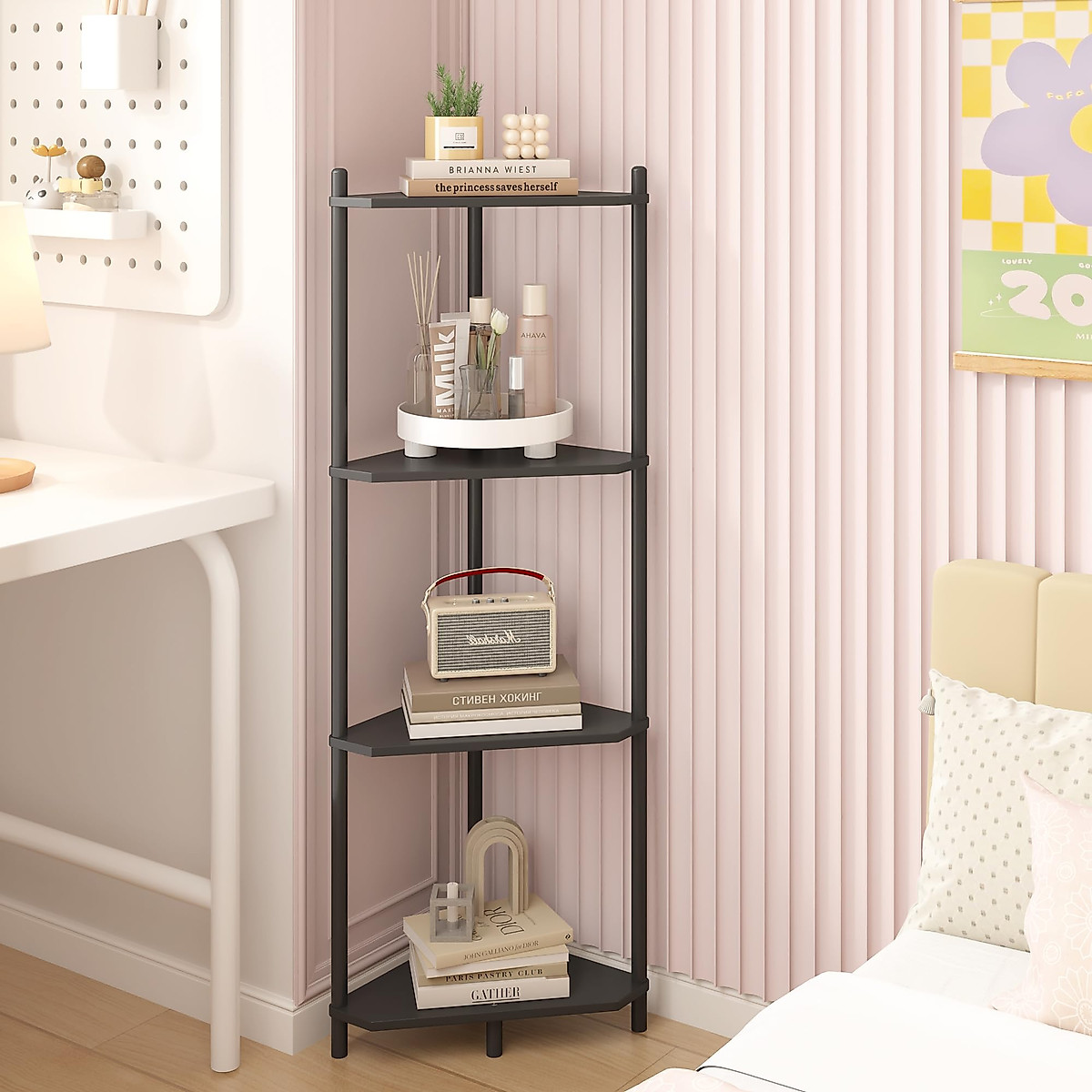 Wisuce Corner Shelf Stand - 4 Tier Black Bamboo Small Corner Bookshelf for Office Kitchen Bedroom Plant Stand Living Room Decor Small Space