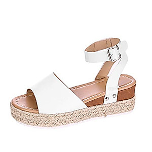 HMing Women's Wedge Sandals Summer Platform Ankle Strap Studded Open Toe Espadrille Wedge Casual Sandals