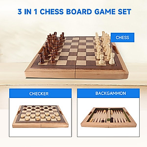 GSE Games & Sports Expert 16" Deluxe 3-in-1 Wooden Folding Chess, Checker and Backgammon Board Game Combo Set, Portable Travel Chess Checker Backgammon Set for Kids & Adults