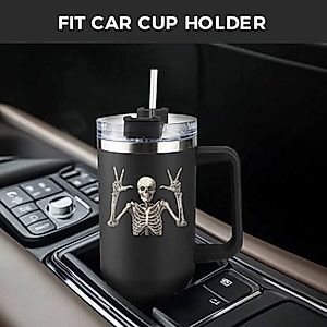 LB LEOBON 40 ounce insulated cup with handle, double-layer vacuum stainless steel material, equipped with straw, can keep warm or maintain cold drinks Funny Skeleton black