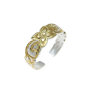 Arthur's Jewelry 925 sterling silver 2 tone yellow gold plated Hawaiian plumeria flower scroll 6mm cut out open toe ring