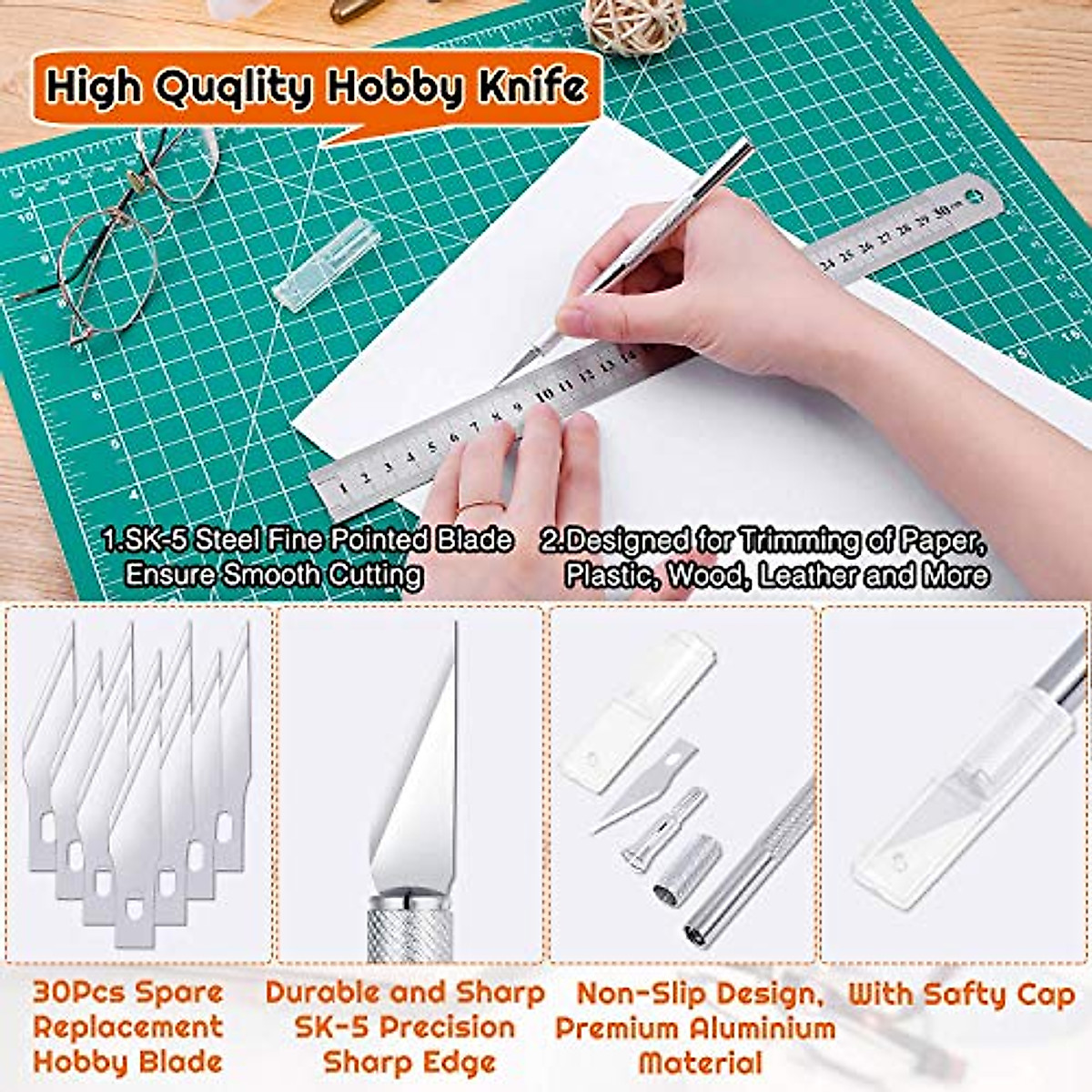 Audab 18" x 12" Self-Healing Cutting Mat and Craft Knife kit with 30Pcs Hobby Blades Art Knife for Craft, Sewing, Fabric, Quilting, Scrapbooking Project