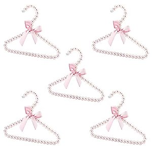 AHANDMAKER 5 Pack Pearl Beads Metal Elegant Clothes Hangers, Small Pet Hanger Plastic Pearl Beaded Clothes Hangers, for Pet Cats and Dogs, Puppet Clothes (Pink)
