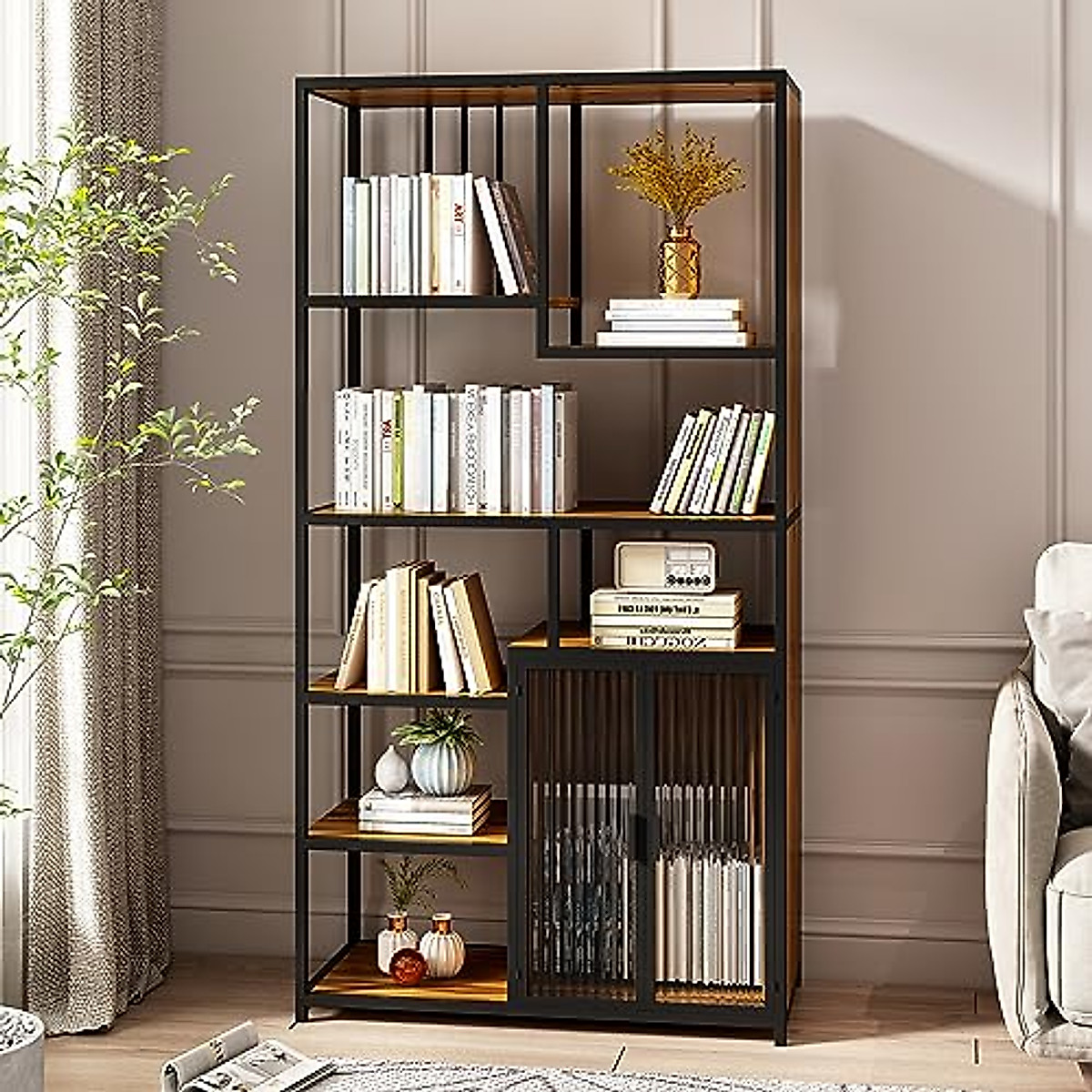 Industrial Bookshelf 69 Inch Tall Etagere Bookcase, Display Shelf with Open Storage Shelves and Right Side Cabinet, Modern Bookcases with Metal Frame for Home Office Living Room and Bedroom, Right
