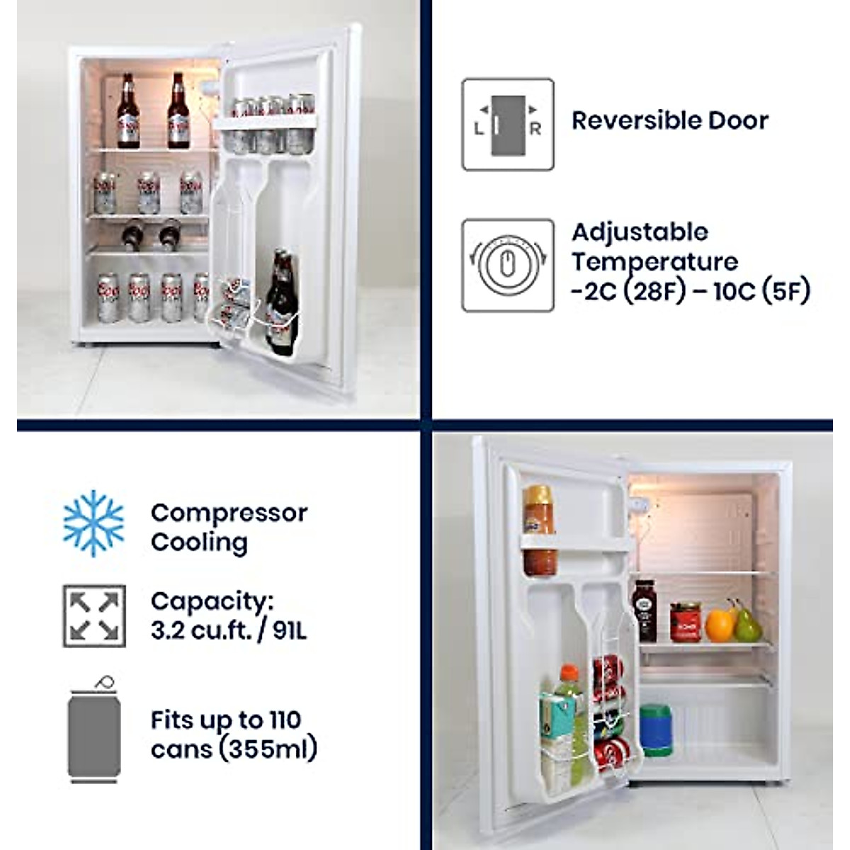 Coors Light Rocky Mountain 3.2 cu ft (90L) refrigerator Compact Fridge Bottle Opener White Space Saving Flat Back Design Reversible Door Adjustable Temperature Control Tempered Glass Shelves Office RV