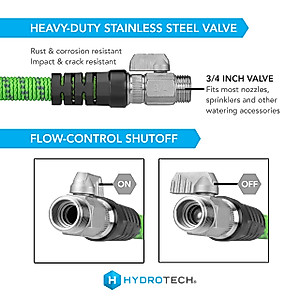 HydroTech 50ft Pro Series 3/4" Expandable Burst Proof Garden Max Flow Hose – Lightweight & Durable – Features Flow-Control Shut-Off & Strain Relief Guard (50 Feet)