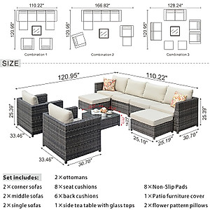 XIZZI Patio Furniture Set, No Assembly 9 PCS Big Size Outdoor Sectional Sofa All Weather PE Rattan Wicker Outdoor Furniture with 2 Pillows,Grey Wicker Beige Cushion