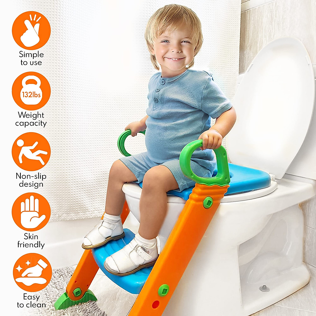 Potty Training Seat Toilet with Ladder - Potty Step Stool for Kids Toddlers w/Handles. Sturdy, Safe & Adjustable Height. Non-Slip Steps & Anti Slip Pads. Trainer Folds Easy for Boys Girls Baby
