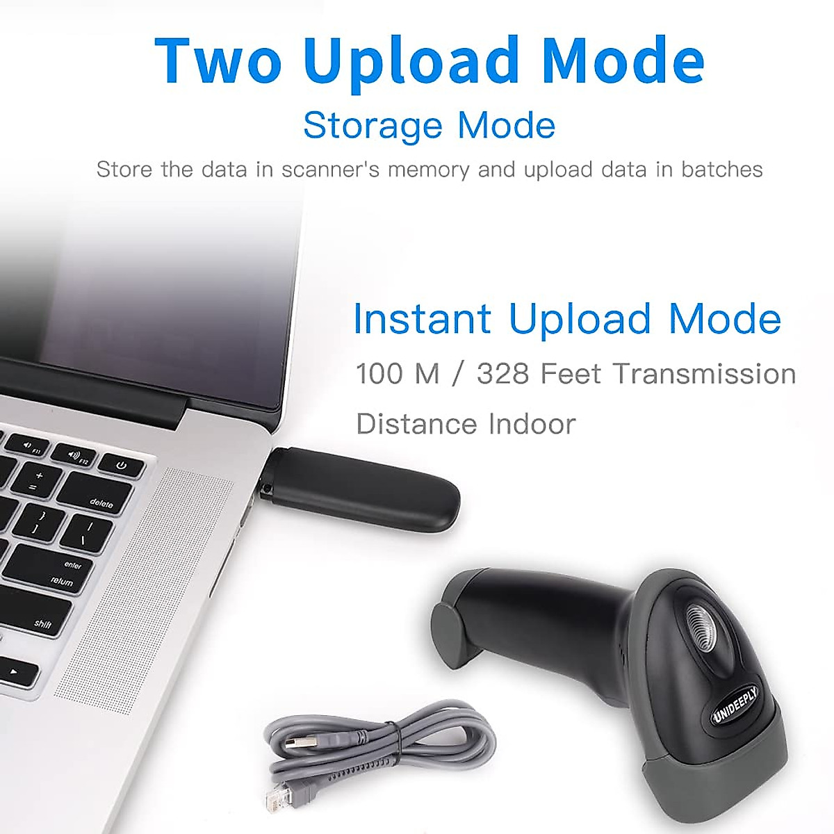 328 Feet Distance 1D CCD Wireless Bar Code Scanner for for PC Computers, UNIDEEPLY 2 in 1 (433MHZ Wireless & USB Wired) Automatic Barcode Reader Handheld USB Receiver for Store Supermarket, Warehouse