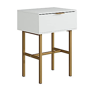 Masupu Nightstand,Mid-Century Modern Bedside Table with Drawer,Small End Table with Gold Frame for Bedroom,Living Room,Classic White