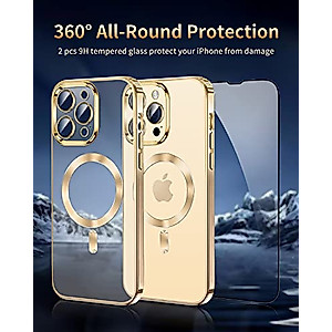 AICISINGN Magnetic Clear Case for iPhone 14 Pro Max with Full Camera Lens Protector Slim Soft TPU Military Grade Drop Protection Case Cover Compatible with MagSafe for Women Girls 6.7"-Gold