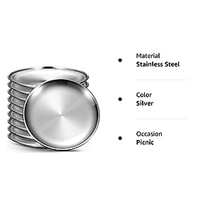 10 Pcs 18/8 Stainless Steel Plate 304 Stainless Steel Dishes 8 Inches Adult Plates Reusable Camping Plates Dishwasher Safe Feeding Serving Flat Plate Double Layers Round Dessert Plate (Silver)
