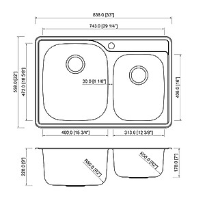 CozyBlock 33 x 22 x 9 Inch 60/40 Offset Top-mount/Drop-in Stainless Steel Double Bowl Kitchen Sink with Strainer and Protective Bottom Grid - 18 Gauge Stainless Steel-1 Faucet Hole