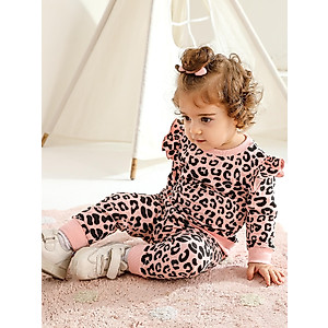 2pcs Baby Girl Leopard Print Ruffle Trim Long-sleeve Pullover and Sweatsuit Pants Clothes Set (6-9 Months) Pink