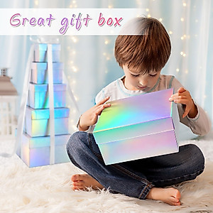 Fulmoon 5 Pcs Holographic Sliver Nesting Gift Boxes Square Gift Boxes with Lids Set 5 Assorted Sizes Laser Square Stacking Boxes with Ribbon for Wedding Festival Birthday Party Presents Keepsake