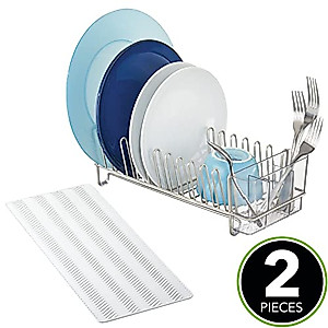 mDesign Steel Sink Dish Drying Rack/Dish Drainer Storage Organizer w/Wire Drainer, Drying Mat for Kitchen Counter, Easy Drain/Dry Dishes, Plate, Utensil - Concerto Collection, Set of 2 - Satin/White