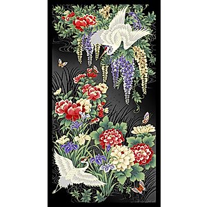Generic Asian Quilting, Sewing Fabric - TSURU Crane and Floral Garden - 5256 - Fabric Panel, Black