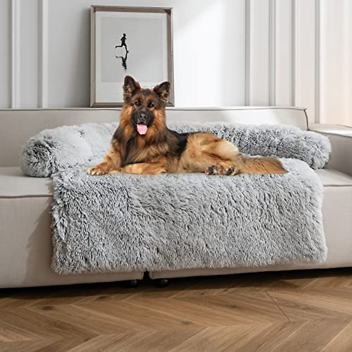 Auemtyn Dog Bed,Calming Dog Beds for Large Dogs,Fluffy Non-Slip 45"x37"x7"Dog Bed Couch Protector with Removable Pet Soft Neck Bolster,Washable Dog Bed Cover with Hidden Zipper（White）
