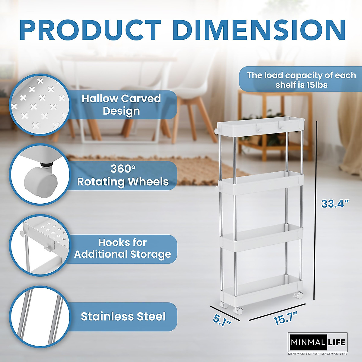Minmallife MINMALLIFE 4 Tier Slim Rolling Cart - Slim Rolling Storage Cart - Slim Storage Cart with Wheels - Skinny Rolling Storage Cart - Slim Rolling Cart Space Saver, 40x13x85 cm