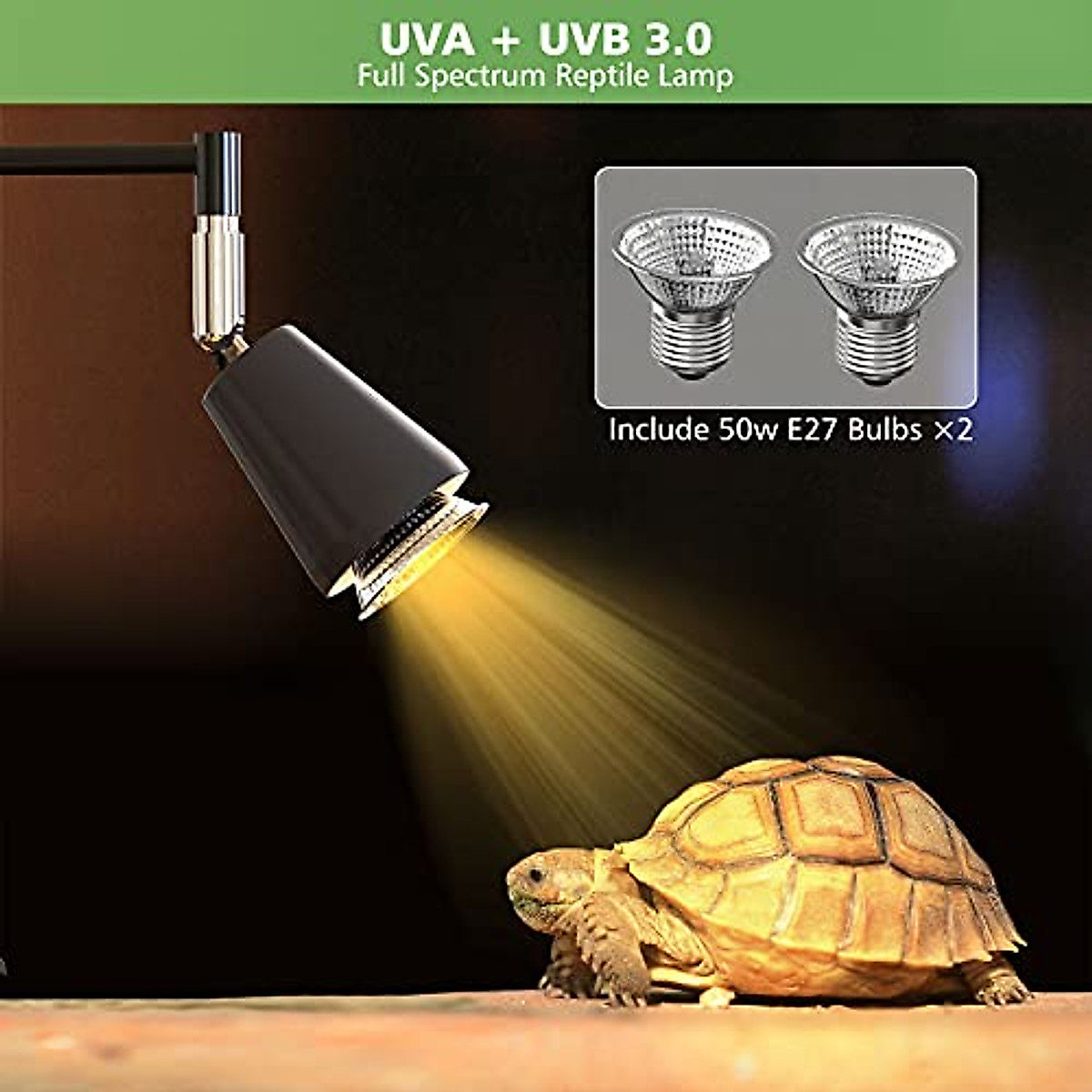 SILICAR Reptile Heat Lamp, UVA UVB Habitat Basking Lamp, Turtle Aquarium Tank Heating Lamp with Clamp, 360° Rotatable Adjustable Brightness Heating Light Metal Stand with 2 Heat Bulbs (E27, 50W)
