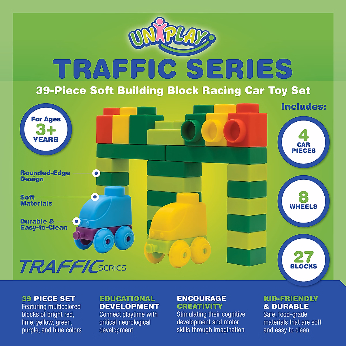 UNiPLAY Race Car Set, Building Block Car Toys for Cognitive Development, Motor Skills, Sensory Learning, Educational Toy for 3 Years Old and Up (39 Piece-Set)