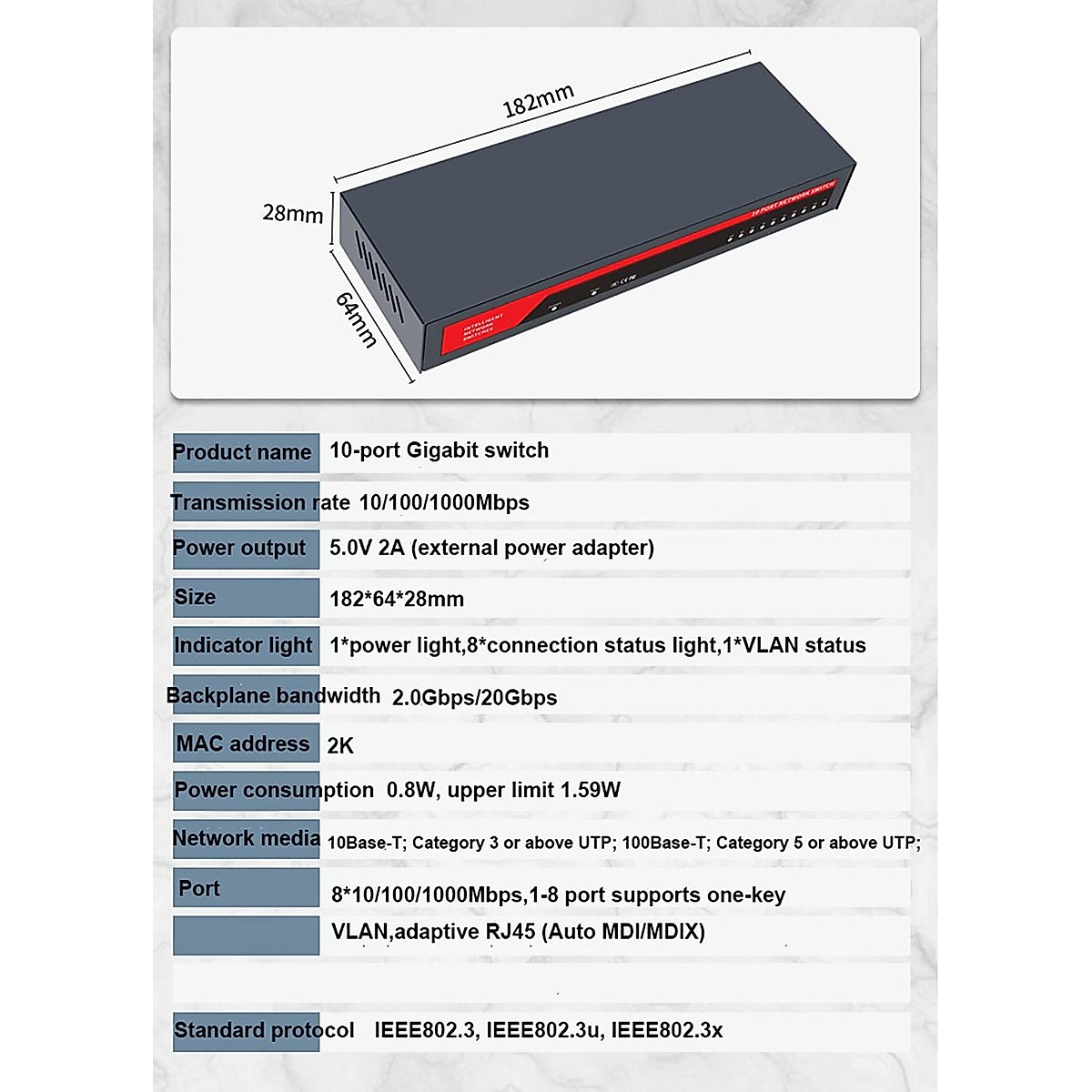 KuWFi Gigabit Ethernet Network Switch 10/100/1000Mbps 10 Port RJ45 LAN Hub Desktop Fast Ethernet Switch for Office Dormitories Home