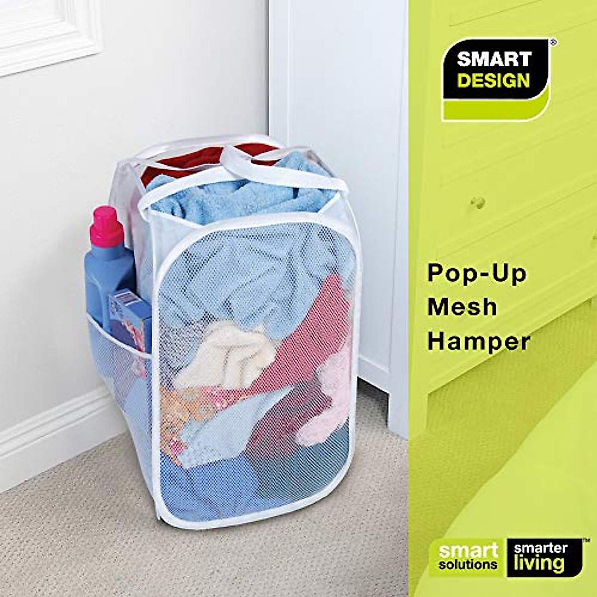 Smart Design Pop Up Laundry Hamper with Easy Carry Handles and Side Pocket - Durable Mesh Fabric - Collapsible Design - Clothes and Laundry - Home Organization - Holds 2 Loads - 13 x 21 Inch - White