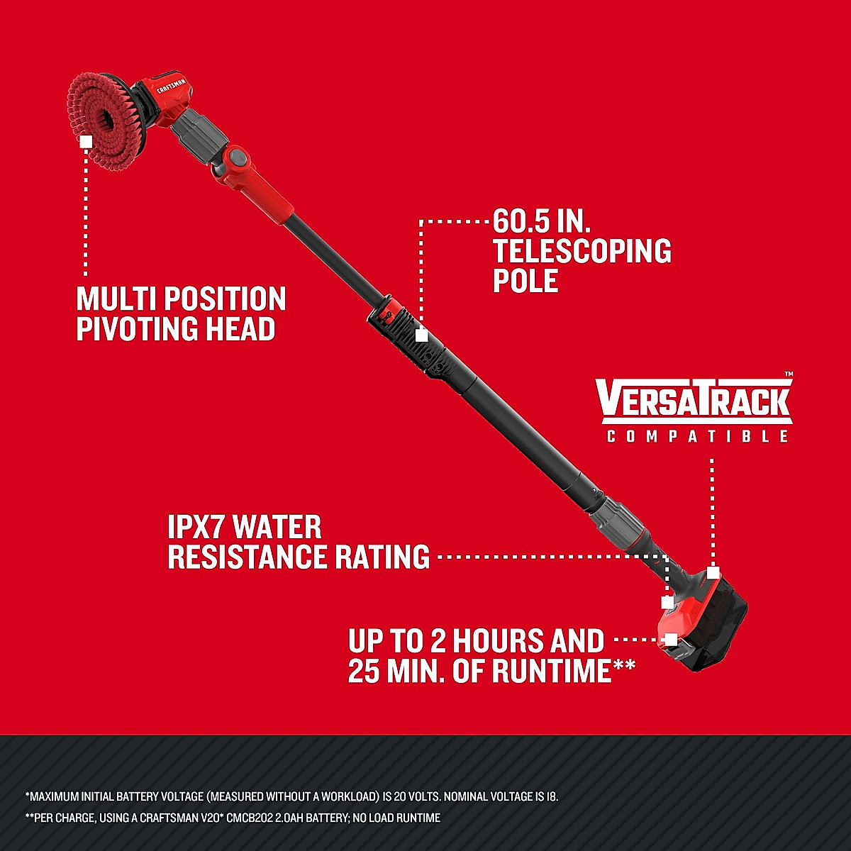 CRAFTSMAN V20 Cordless 2-in-1 Power Scrubber Kit, Multi-Purpose, Includes Bristle Brush, 2Ah Battery, V20 Battery Charger, and 60.5 in. Telescoping Pole (CMCPS520D1)