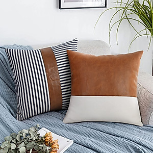 cygnus Decorative Throw Pillow Covers 18x18 Inch Faux Leather Stitching Canvas and Black Stripe Pattern Modern Farmhouse Covers Set of 4